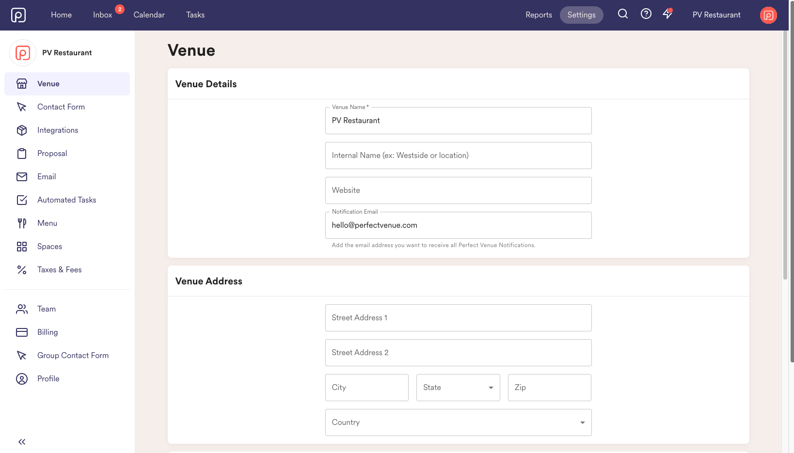 Venue Settings